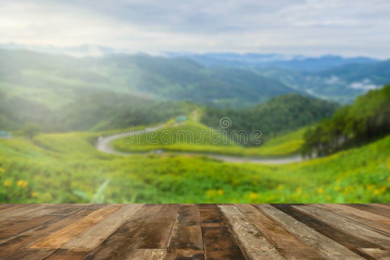 Empty Wood Table and Blurredmountain Landscape at Morning Stock Image ...
