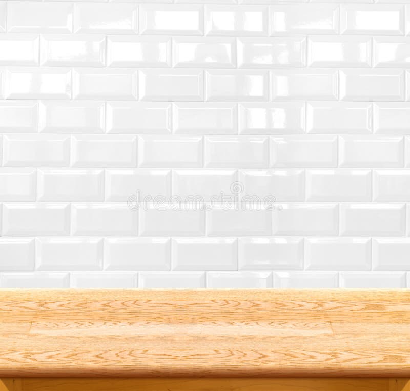 Empty Wood Table and Ceramic Tile Brick Wall in Background. Prod Stock ...