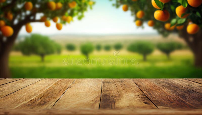 Empty Wood Table with Free Space Over Orange Tree. Ai Generative Stock ...