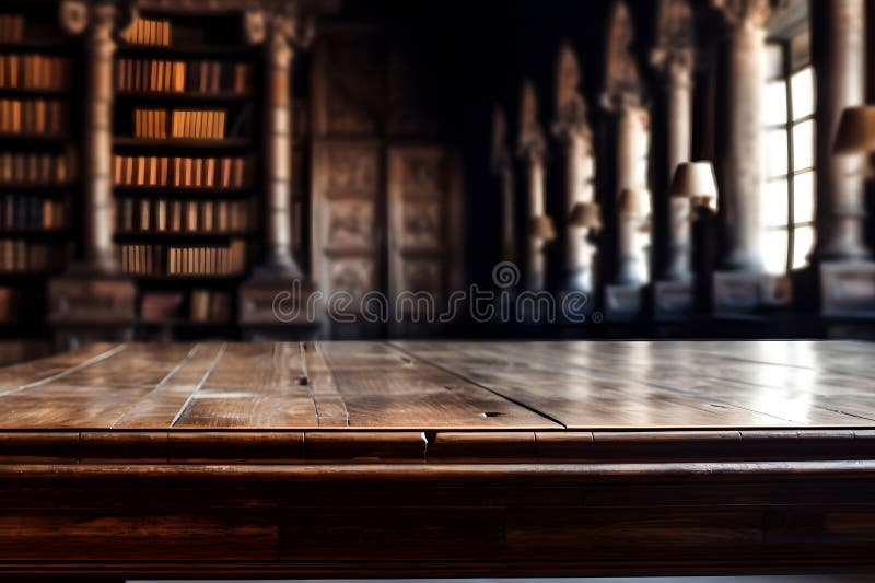 Empty Wood Table in a Library with Blurred Background, Ai Generative ...