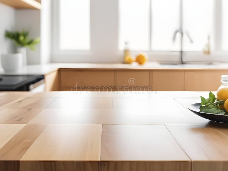 Empty Wood Table with Modern Kitchen Backdrop for Product Showcase ...