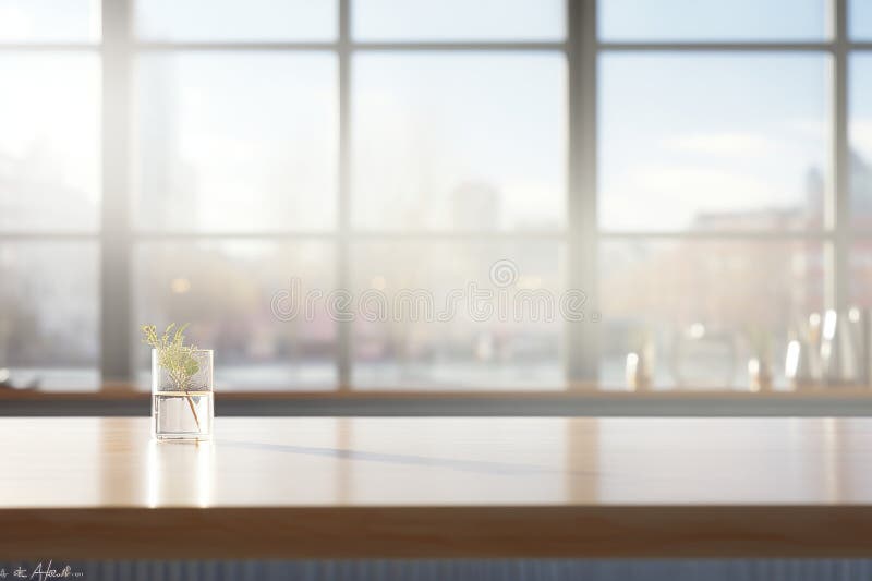 Empty Wood Table in Modern Kitchen with Cityscape View and Sun Rays for ...