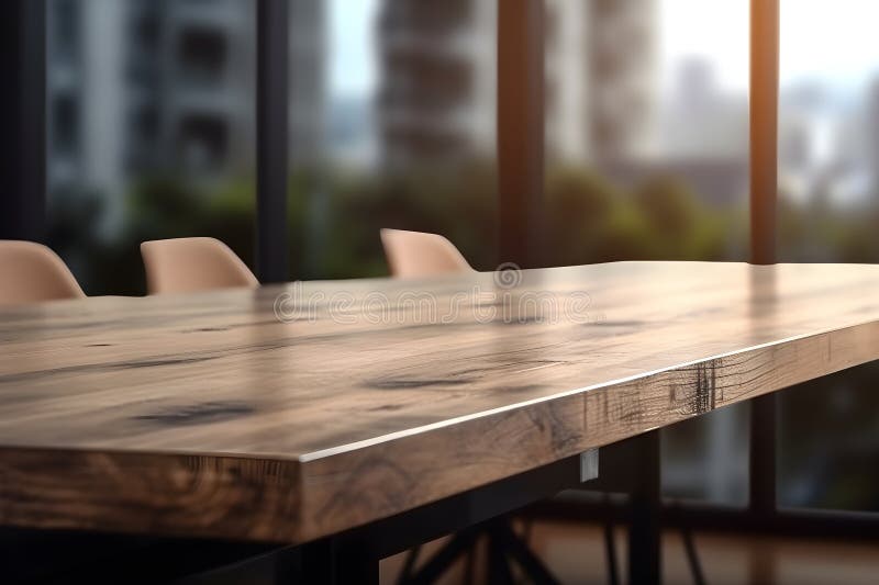 Empty Wood Table in a Modern Office, Blurred Background, Ai Generative ...