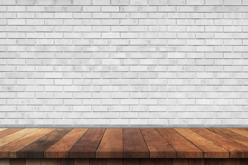 Empty Wood Table Over White Brick Wall Background, Product Montage ...