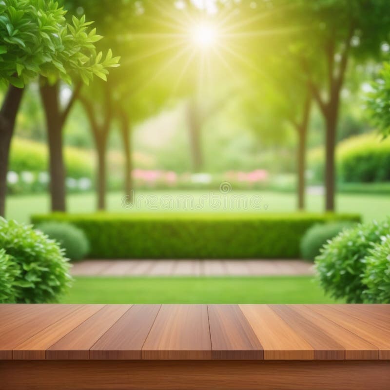 Empty Wood Table Top on Blur Abstract Green Garden Stock Illustration ...