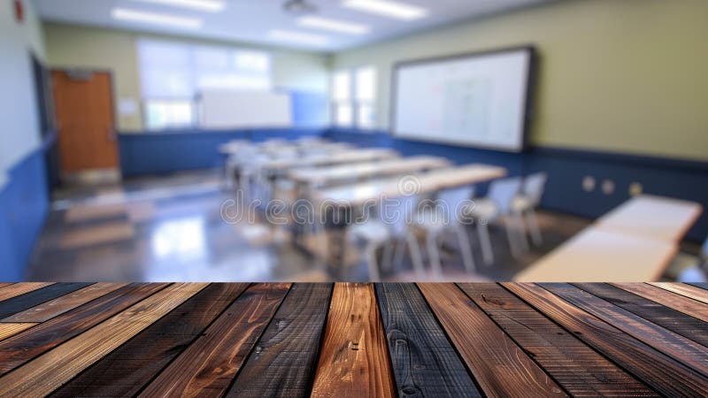 Empty Wood Table Top with Blur Background of Classroom in School. Stock ...
