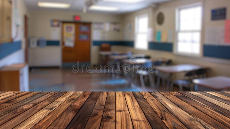 Empty Wood Table Top with Blur Background of Classroom in School. Stock ...