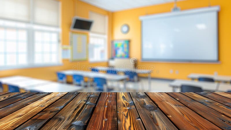 Empty Wood Table Top with Blur Background of Classroom in School. Stock ...