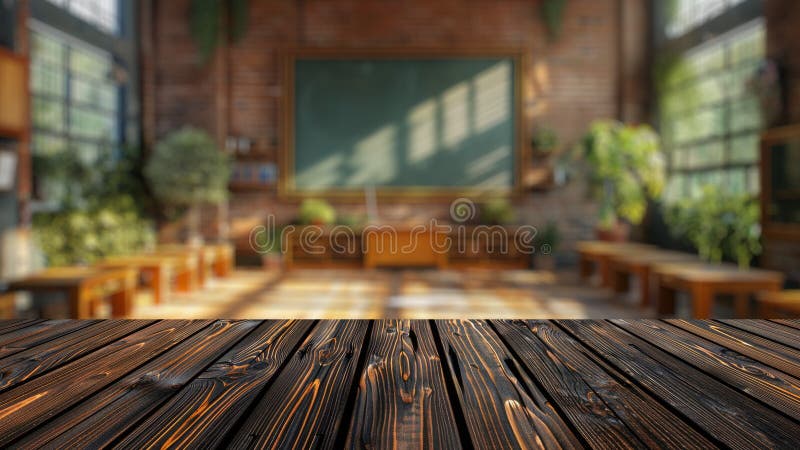 Empty Wood Table Top with Blur Background of Classroom in School. Stock ...