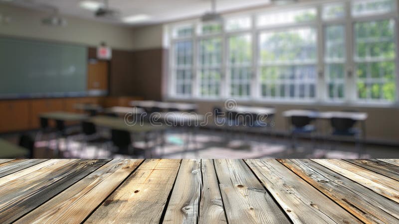 Empty Wood Table Top with Blur Background of Classroom in School. Stock ...