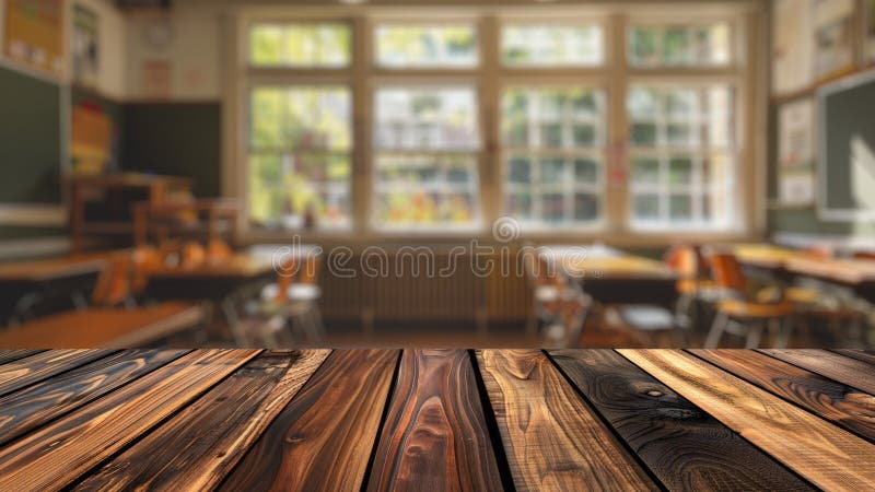 Empty Wood Table Top with Blur Background of Classroom in School. Stock ...