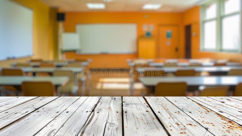 Empty Wood Table Top with Blur Background of Classroom in School. Stock ...