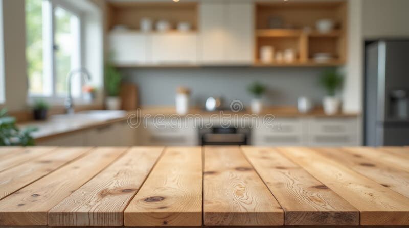 Empty Wood Table Top on Blur Modern Kitchen Background Stock ...