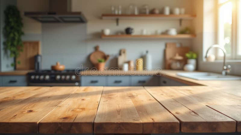Empty Wood Table Top on Blur Modern Kitchen Background Stock ...