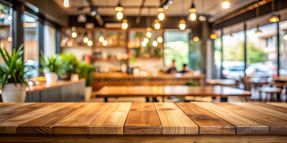 Empty Wood Table Top with Blurred Coffee Shop Interior Background Stock ...