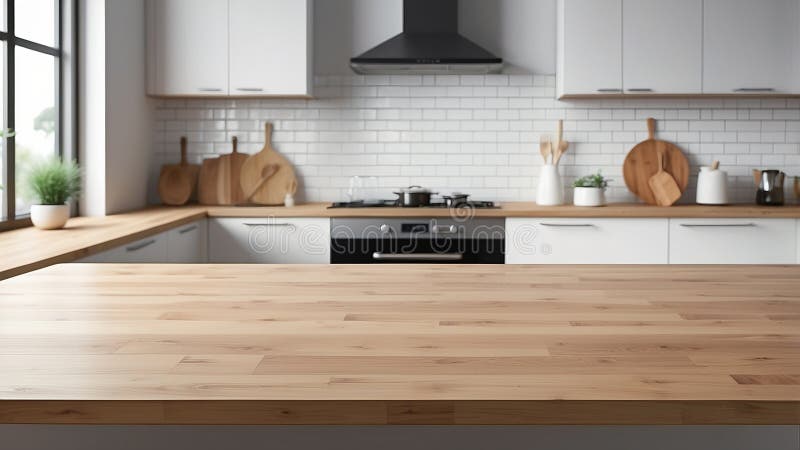Empty Wood Table Top Counter and Blur Modern Kitchen Interior ...