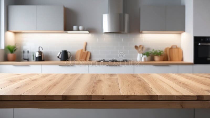 Empty Wood Table Top Counter and Blur Modern Kitchen Interior ...
