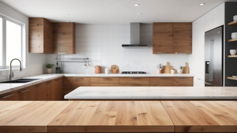 Empty Wood Table Top Counter and Blur Modern Kitchen Interior ...