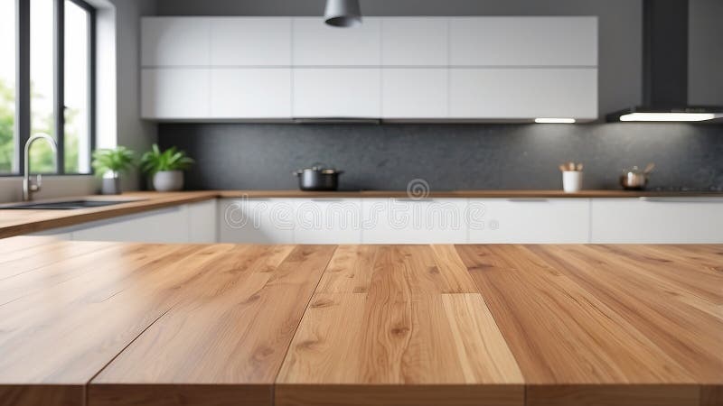 Empty Wood Table Top Counter and Blur Modern Kitchen Interior ...