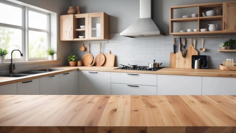 Empty Wood Table Top Counter and Blur Modern Kitchen Interior ...