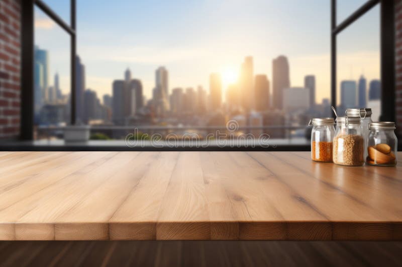 Empty Wood Table Top in Modern Kitchen with Open Window and Cityscape ...