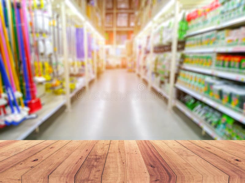 Empty Wood Table Top on Shelf in Supermarket Blurred Background Stock ...