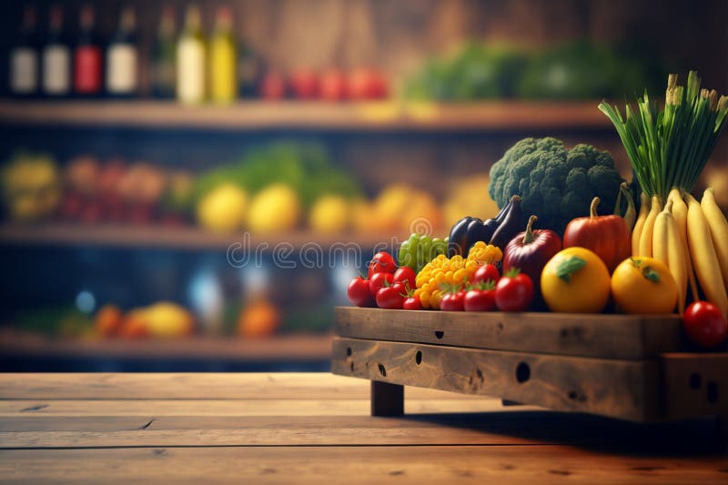 Empty Wood Table Top on Shelf, Vegetable and Fruits Store Blurred ...