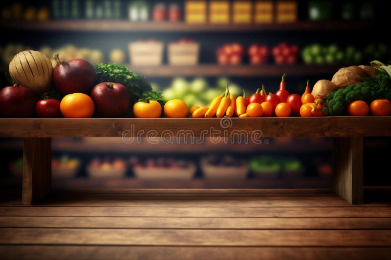 Empty Wood Table Top on Shelf, Vegetable and Fruits Store Blurred ...