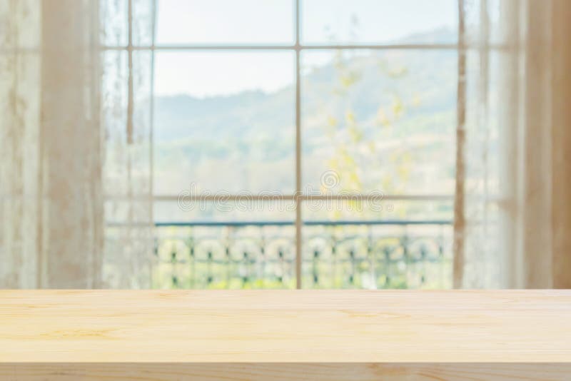 Empty Wood Table Top with Window Curtain Abstract Blur Background for ...