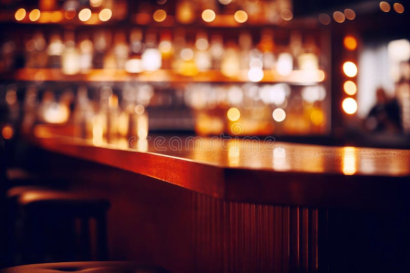 An Empty Wooden Bar Counter in a Retro Pub, Set Against a Blurred ...