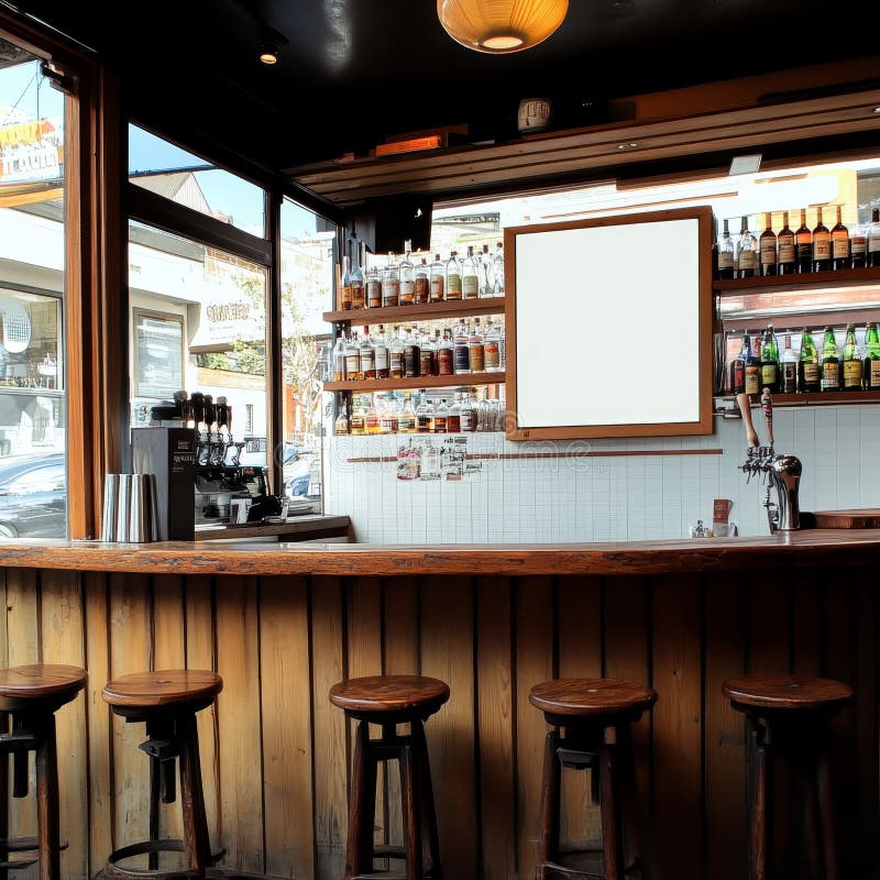 Empty Wooden Bar Counter with Stools, Alcohol Bottles Display on ...