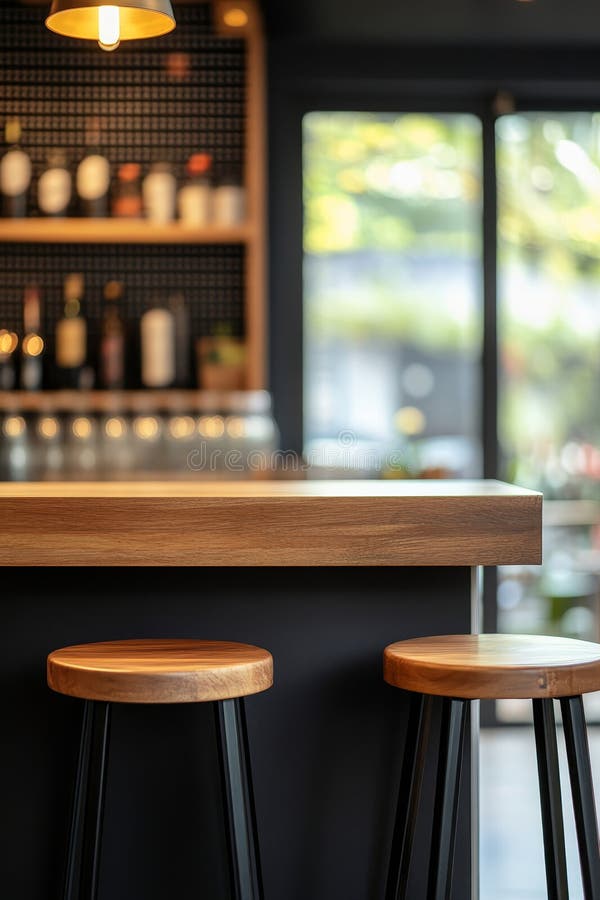Empty Wooden Bar Counter with Stools and Blurred Bar Background ...