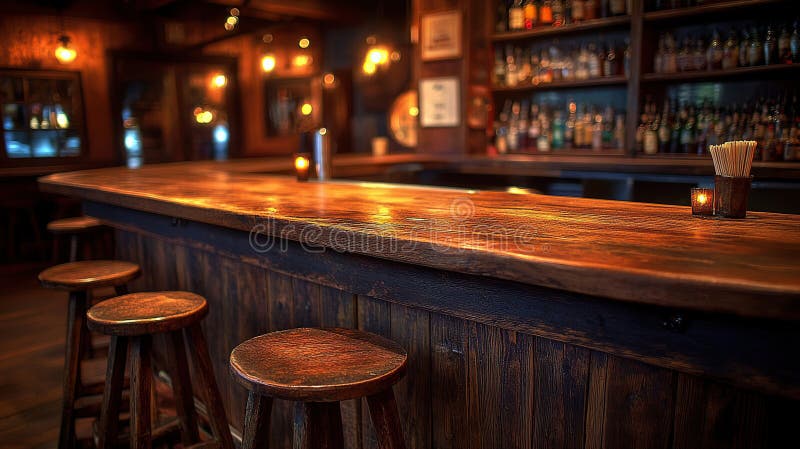 Empty Wooden Bar Counter with Stools in a Dimly Lit Pub Stock ...