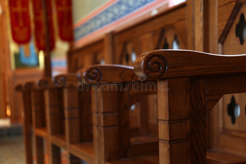 Empty Wooden Bench in Church, Closeup. Space for Text Stock Image ...