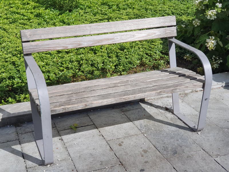 Empty Wooden Bench in the Park beside the Grass and Path Stock Image ...