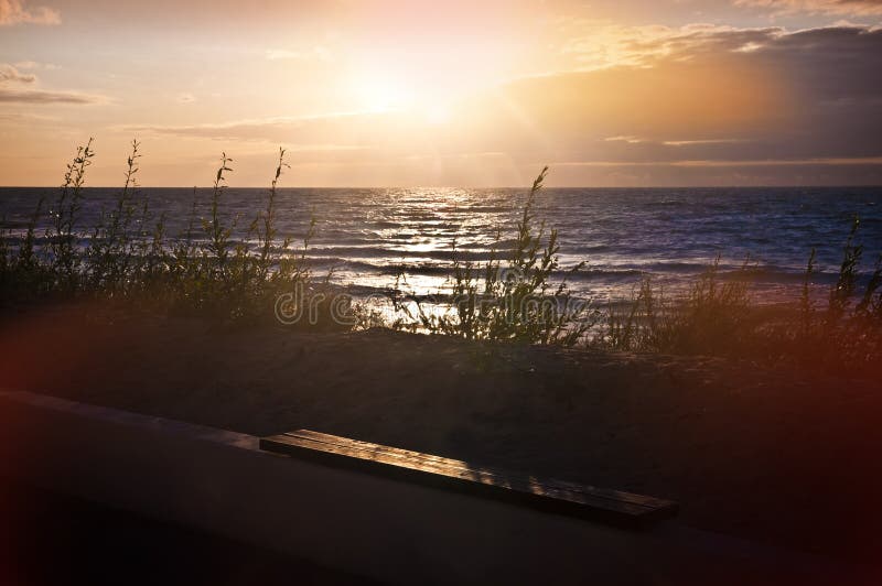 Empty Wooden Bench by the Sea at Sunset Stock Image - Image of beach ...