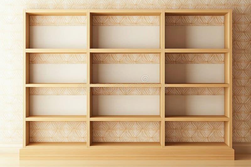 Empty Wooden Bookcase with Ornate Wallpaper in Room Stock Image - Image ...