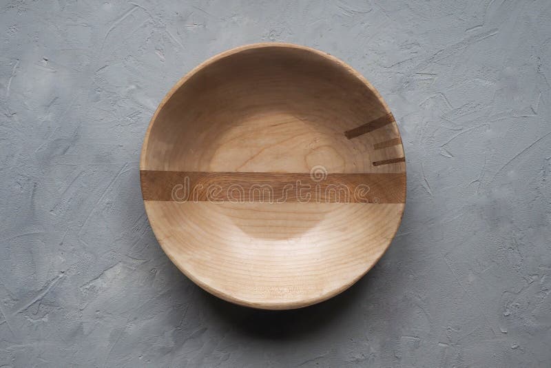 Empty Wooden Bowl on a Gray Background. Top View. Stock Image - Image ...