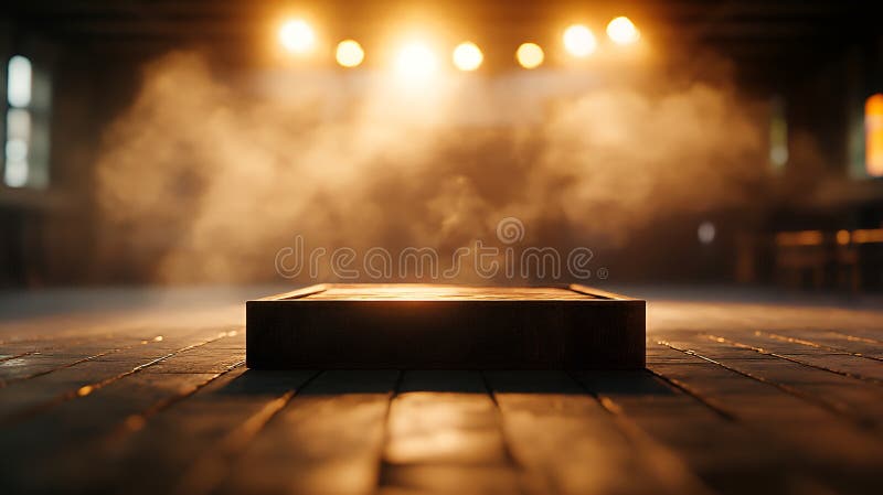 Empty Wooden Box Sits on a Rustic Floor Under Warm Stage Lighting ...
