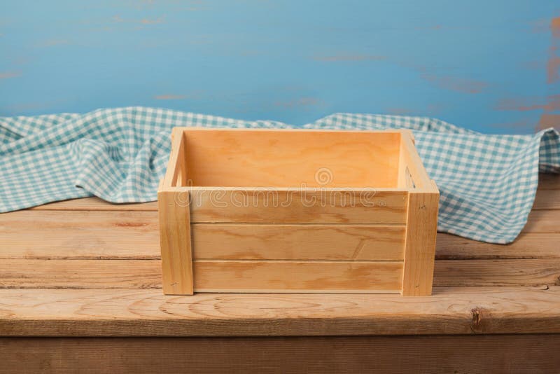 Empty Wooden Box on Table with Checked Tablecloth Stock Image - Image ...