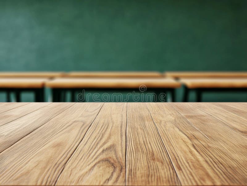 Empty Wooden Classroom Desk Green Chalkboard in Background Representing ...