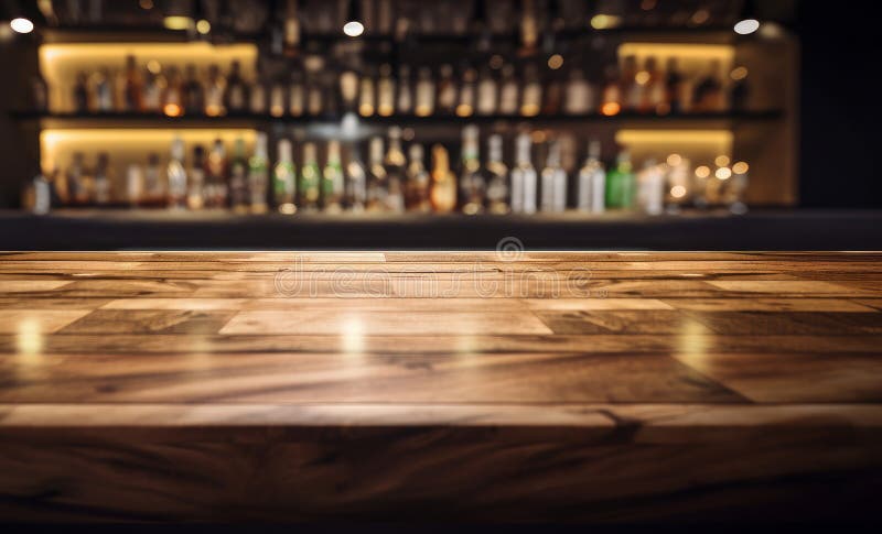 An Empty Wooden Counter Table Top for Product Display in a Pub or Bar ...