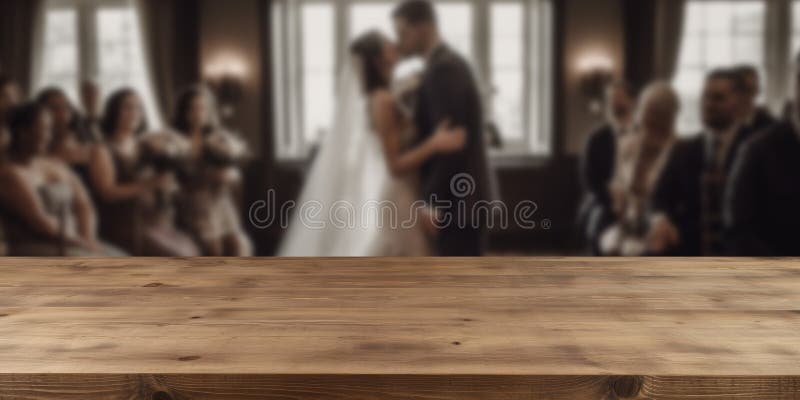 Empty Wooden Counter Table Top for Product Display with a Wedding Scene ...