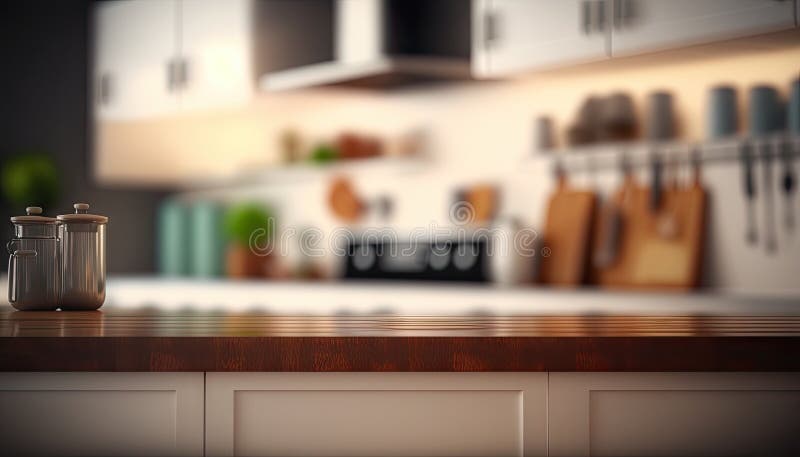 Empty Wooden Counter Top with Blurred Kitchen Background with Copy ...