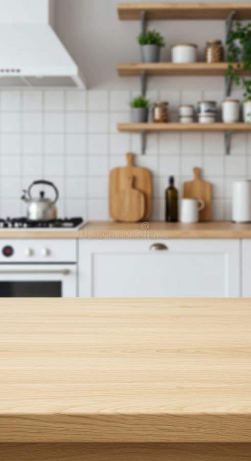 Empty Wooden Countertop with a Blurred Modern White Kitchen Background ...