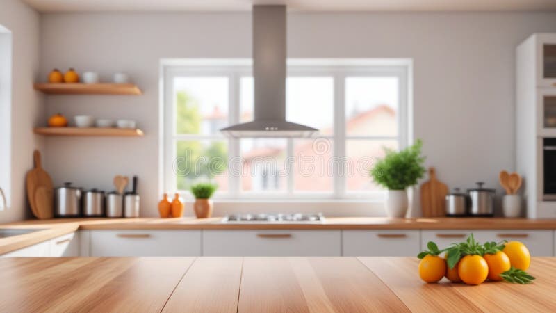 Empty Wooden Countertop with Defocused Kitchen Background Stock ...