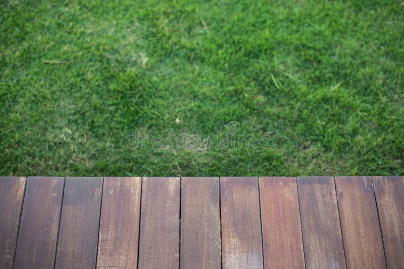 Empty Wooden Deck with Green Grass Background Stock Photo - Image of ...