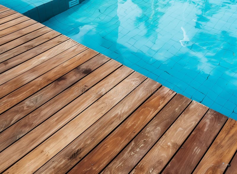 Empty Wooden Deck with Swimming Pool Stock Image - Image of pool, edge ...