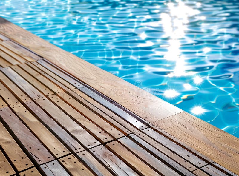Empty Wooden Deck with Swimming Pool Stock Image - Image of summer ...