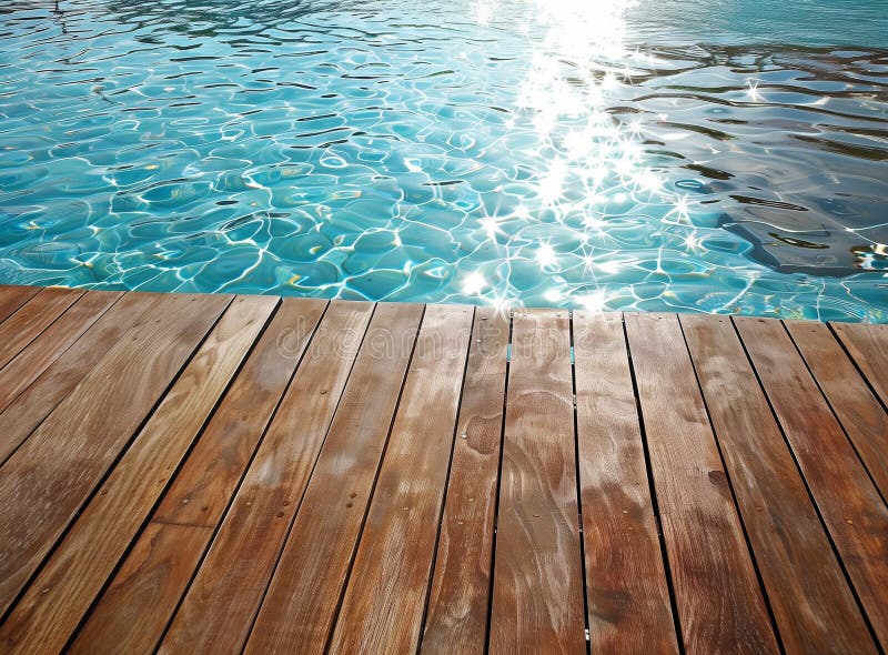 Empty Wooden Deck with Swimming Pool Stock Photo - Image of board ...